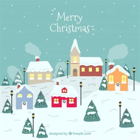 손으로 그린 하우스와 함께 메리 크리스마스 배경 무료 벡터