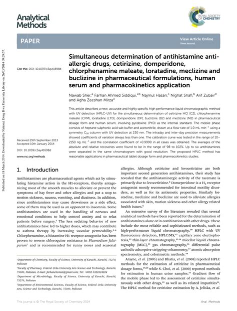 Pdf Simultaneous Determination Of Antihistamine Anti Allergic Drugs Cetirizine Domperidone