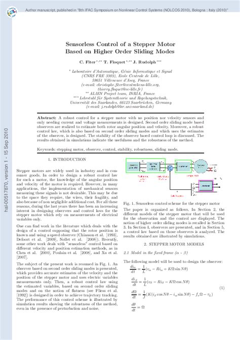 Pdf Sensorless Control Of A Stepper Motor Based On Higher Order Sliding Modes Joachim