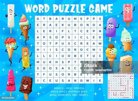 아이스크림 디저트 캐릭터 단어 검색 퍼즐 게임 벡터 워크시트 어린이 퀴즈 그리드 또는 교육 수수께끼 달콤한 음식 인물과 단어 검색 게임 귀여운 아이스크림 콘 젤라토