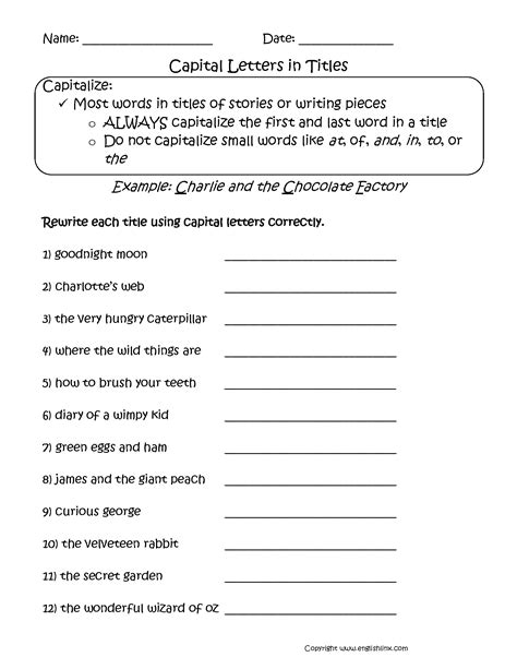Capitalization Worksheets Titles Capitalization Worksheets