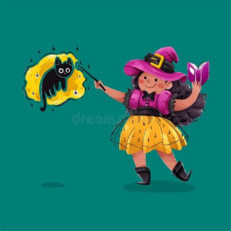 Cute Halloween Witch Making Spell Design Illustration Stock Vector