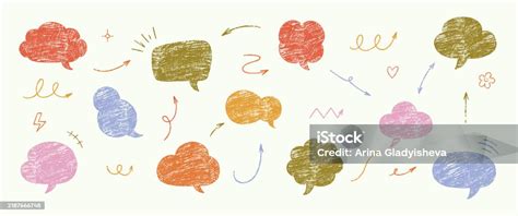 텍스트 상자 및 말풍선 세트 와 크레용 또는 분필 질감 도형 및 화살표 여러 가지 빛깔의 일본 손으로 쓴 그림입니다 화살표에 대한 스톡 벡터 아트 및 기타 이미지 Istock