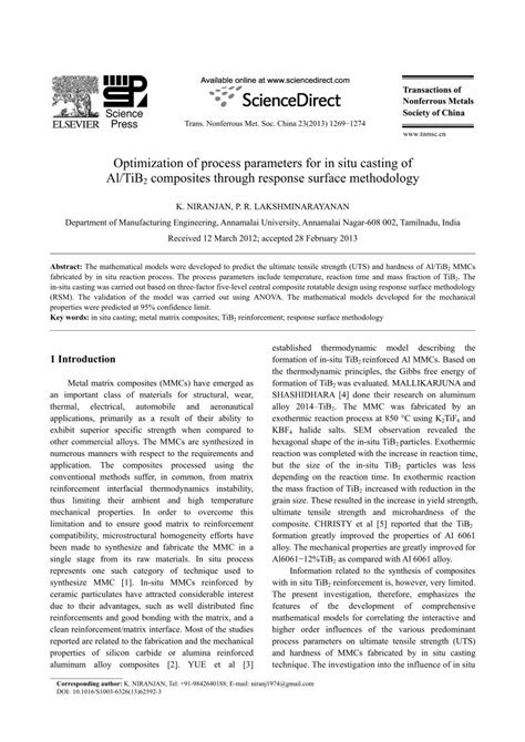 Pdf Optimization Of Process Parameters For In Situ Casting Of Al Tib2 Composites Through