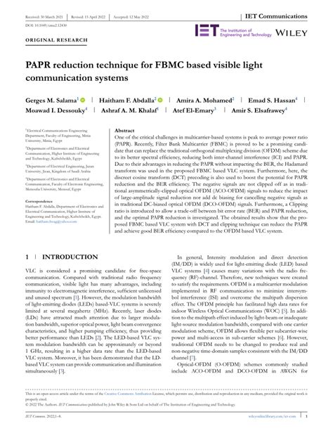 Pdf Papr Reduction Technique For Fbmc Based Visible Light Communication Systems