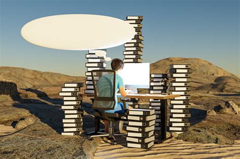 사막 환경의 Pc 사무실 작업장에 거대한 문서 바인더 더미와 머리 위로 구름이 쌓인 남자 작업량 스트레스 소진 개념 3d 일러스트레이션 0명에 대한 스톡 사진 및 기타