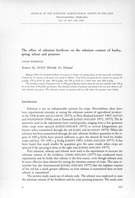 Pdf The Effect Of Selenium Fertilizers On The Selenium Content Of Barley Spring Wheat And