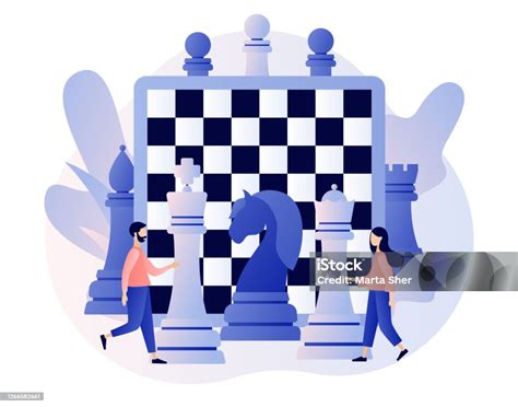 체스 게임 체스 조각 보드 게임 작은 사람들이 놀고 승리합니다 비즈니스 전략 팀워크와 경쟁 현대 플랫 만화 스타일 흰색 배경의 벡터 그림 스포츠에 대한 스톡 벡터 아트 및