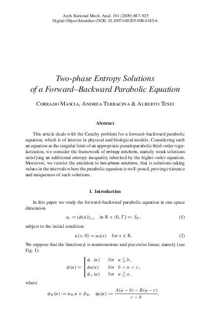 Pdf Two Phase Entropy Solutions Of A Forward Backward Parabolic Equation