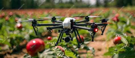 스마트 농업 드론은 토마토 을 날아갑니다 개념 농업 기술 스마트 농업 농업에서 드론은 농작물을 모니터링합니다 프리미엄 Ai 생성 이미지