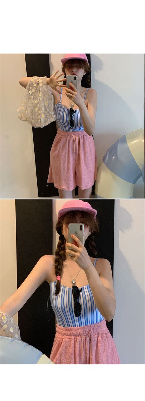 에이비글 Blue🐠 언제나 하루종일 모노키니 줄무늬 수영복 스트라이프 뷔스티에 체형커버 끈 나시 블루 패턴 휴양지 비키니 흠뻑쇼 룩