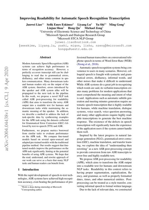 Pdf Improving Readability For Automatic Speech Recognition Transcription