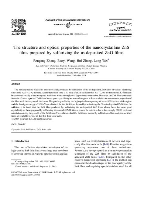 Pdf The Structure And Optical Properties Of The Nanocrystalline Zns Films Prepared By