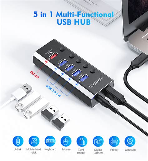 RSHTECH Gbps Hub USB With Fast Charging Port USB Hubs DC V A Power Adapter Port USB