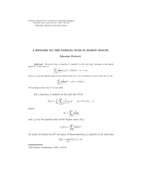 Pdf A Remark On The Partial Sums In Hardy Spaces Strong Convergence In H 1