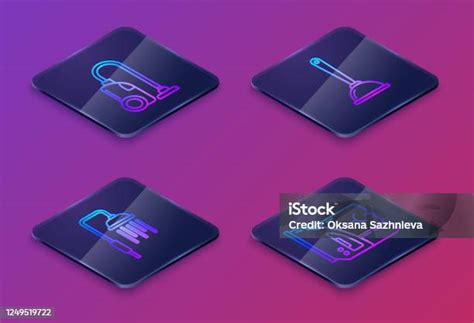 설정 등도 라인 진공 청소기 물 방울흐르는 샤워 헤드 화장실 플런저와 전기 철과 수건 파란색 정사각형 버튼 벡터 3차원 형태에