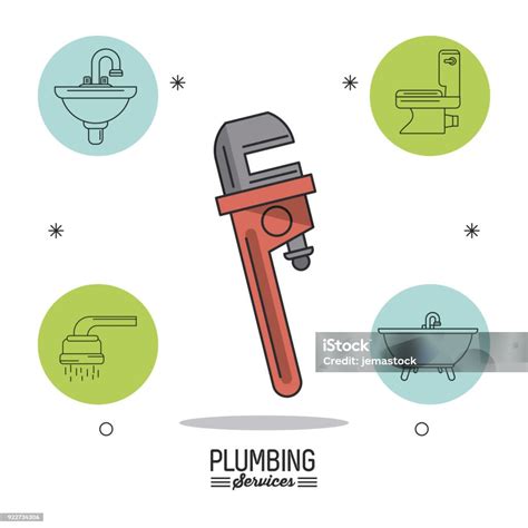 근접 촬영 및 욕실 아이콘에 파이프 렌치와 흰색 배경 포스터 배관 서비스 개선에 대한 스톡 벡터 아트 및 기타 이미지 개선 개수대 건설 산업 Istock