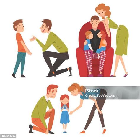 사랑하는 부모와 그들의 아이 세트 아버지와 어머니 아이들은 함께 좋은 시간을 보내고 자녀를 위로 행복한 가족 관계 벡터 일러스트 가족에 대한 스톡 벡터 아트 및 기타 이미지