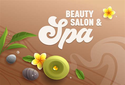 뷰티 살롱 배너 아로마 캔 들 마사지 돌 유칼립투스 잎 그리고 나무 테이블에 있는 플 루 메리 아 꽃과 함께 스파 속성의 평면도 목 제 표 표면 배경 광고 포스터 벡터