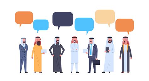 흰색 배경 전체 길이 아랍 비즈니스 남성 전통 옷을 입고 위에 채팅 거품으로 아랍어 남자 그룹 기업 재무와 산업에 대한 스톡 벡터 아트 및 기타 이미지 Istock