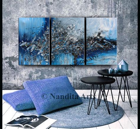 Blue Abstract Art Triptych Modern 3 Panels Canvas Wall Art Nandita