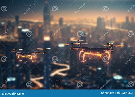 Skybound Ai Drone Networks In A Future Metropolis Stock Illustration Illustration Of Systems
