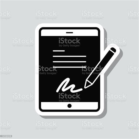 태블릿 Pc의 전자 서명 회색 배경에 아이콘 스티커 3차원 형태에 대한 스톡 벡터 아트 및 기타 이미지 3차원 형태 개념