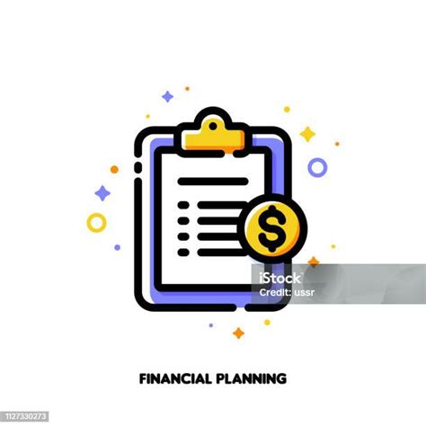 재무 계획 개념에 대 한 황금 달러 동전 클립보드의 아이콘입니다 플랫 채워진된 개요 스타일입니다 픽셀 완벽 64 X 64 편집 가능한 스트로크 예술에 대한 스톡 벡터 아트