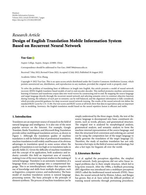 Pdf Design Of English Translation Mobile Information System Based On Recurrent Neural Network