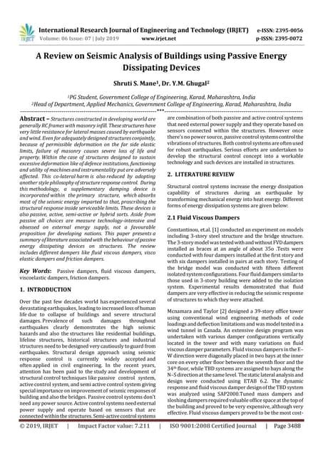 Irjet A Review On Seismic Analysis Of Buildings Using Passive Energy