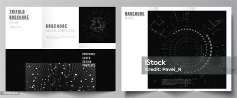 트리폴드 브로셔 전단지 레이아웃 책 디자인 브로셔 커버 광고용 커버 템플릿의 벡터 레이아웃 블랙 컬러 기술 배경 과학 의료 기술에 대한 디지털 시각화 3단 브로슈어에 대한