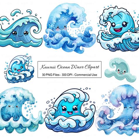 Kawaii Ocean Wave Clipart Cute Cartoon Tropical Sea Png Summer