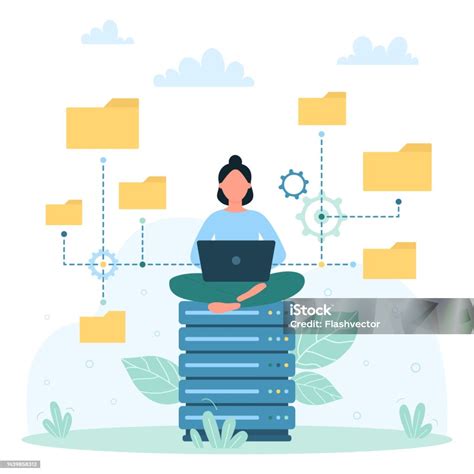 디지털 도서관 파일 및 문서 관리 폴더 시스템으로 작업하는 작은 여자 서류 정리에 대한 스톡 벡터 아트 및 기타 이미지 서류