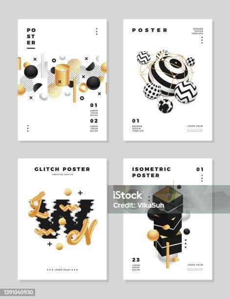현대 추상 깨끗한 황금 브로셔 커버 또는 포스터 디자인 템플릿 세트 벡터 일러스트 레이 션 0명에 대한 스톡 벡터 아트 및 기타 이미지 0명 3차원 형태 가리기