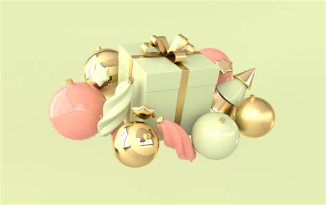 메리 크리스마스와 새해 복 야 3d 렌더링 일러스트 레이션 카드 파스텔 컬러 크리스마스 공 별 크리스마스 트리 선물 상자 겨울