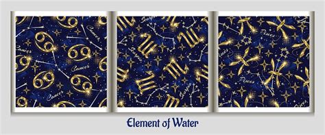 조디악 표지판 게자리 전갈자리 물고기자리 별이 있는 별자리 텍스트 제3의 눈 모두 보는 눈의 황금 아이콘이 있는 매끄러운 패턴 밀교 개념입니다 인쇄물 의류 티셔츠 표면