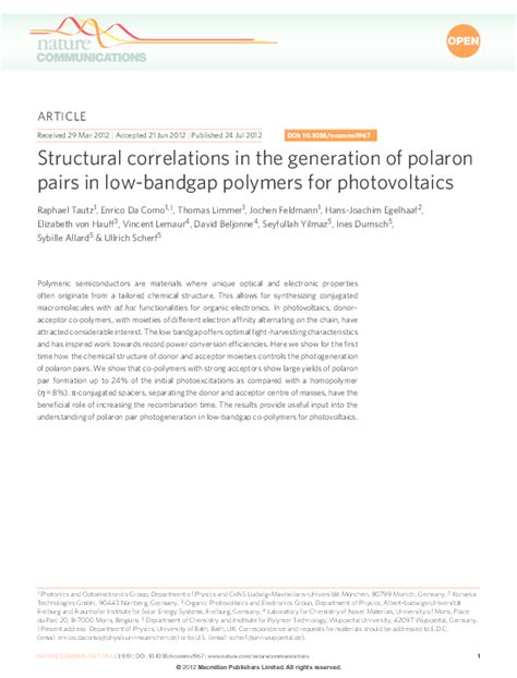 Pdf Structural Correlations In The Generation Of Polaron Pairs In Low Bandgap Polymers For