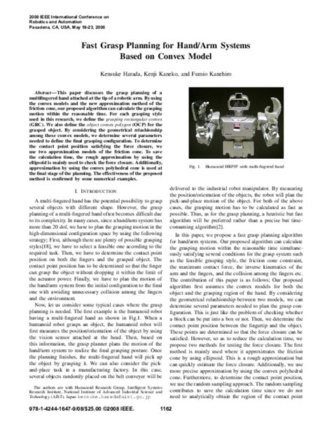 Pdf Fast Grasp Planning For Handarm Systems Based On Convex Model