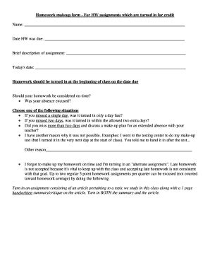 Fillable Online Homework Makeup Form For HW Assignments Which Are Turned Fax Email Print