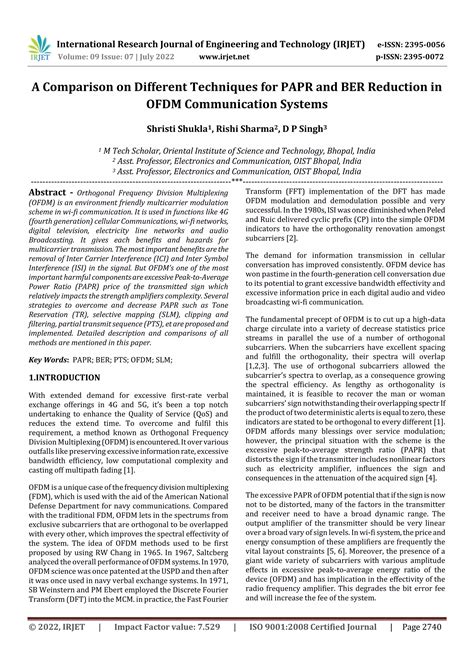 A Comparison On Different Techniques For PAPR And BER Reduction In OFDM Communication Systems PDF