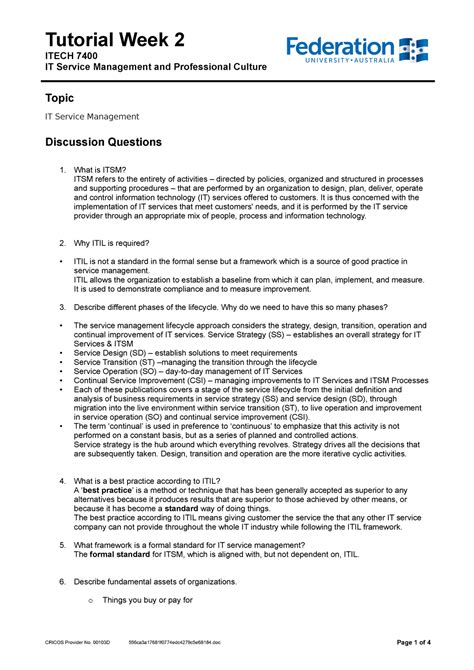 Tutorial Tasks Week 2 Of 7400 Tutorial Week 2 Itech 7400 It Service Management And