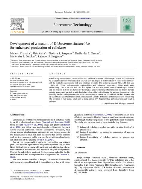 Pdf Development Of A Mutant Of Trichoderma Citrinoviride For Enhanced