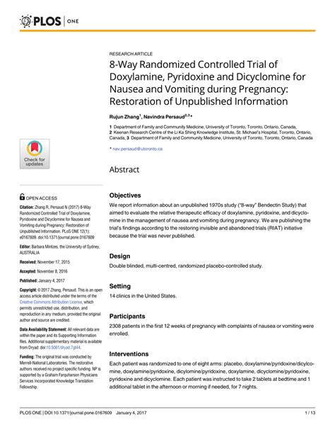Pdf 8 Way Randomized Controlled Trial Of Doxylamine Pyridoxine And Dicyclomine For Nausea And