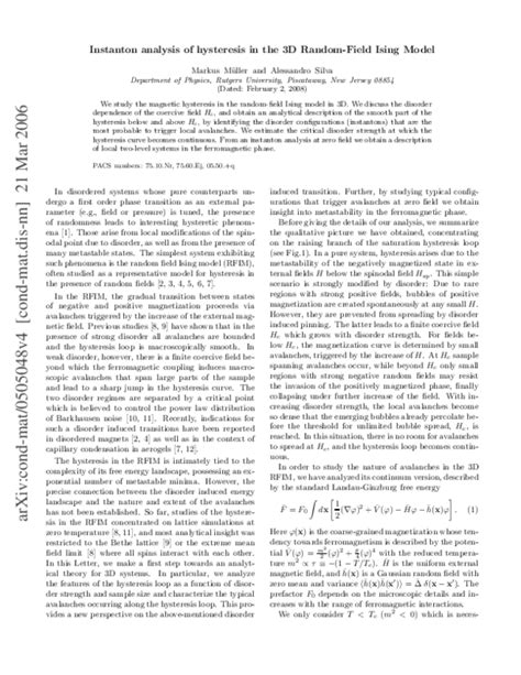 Pdf Instanton Analysis Of Hysteresis In The Three Dimensional Random Field Ising Model