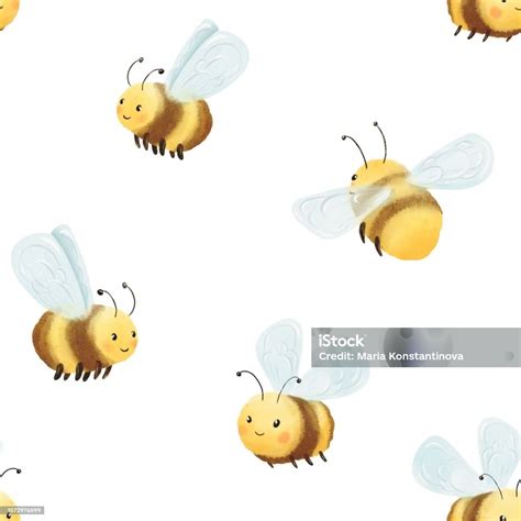 아이의 매끄러운 패턴 날개를 가진 재미있는 귀여운 검은 색과 노란색 꿀벌 땅벌 꿀벌 손으로 그렸던 고립된 그림 디지털 수채화 손으로 그린 스타일입니다 봄 여름의 요소 어린