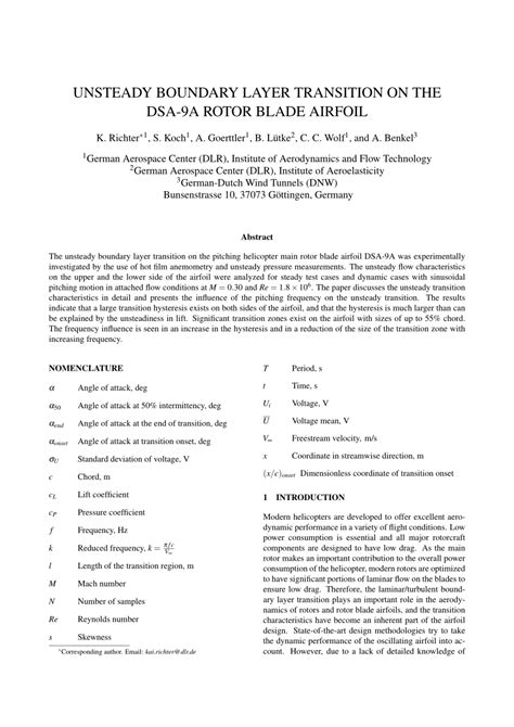 Pdf Unsteady Boundary Layer Transition On The Dsa 9a Rotor Blade Airfoil