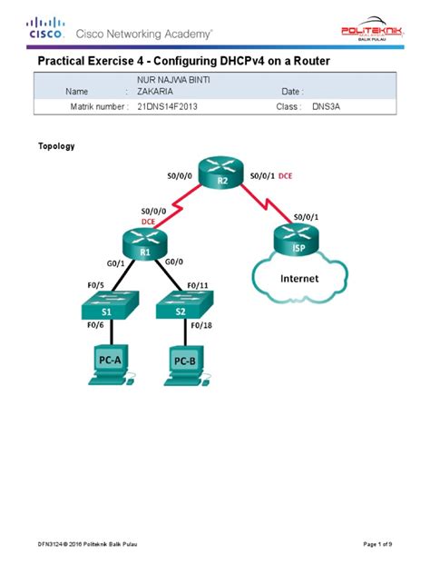 Practical Exercise 4 Configuring Dhcpv4 On A Router Pdf Ip