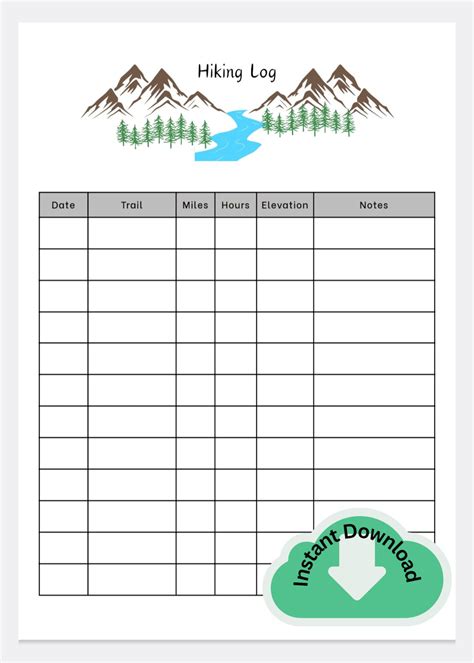 Printable Hike Tracker Day Hike Log Nature Hike Log Printable Day