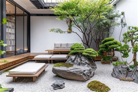 Zen Garden Courtyard With Minimalist Furniture Premium Ai Generated Image