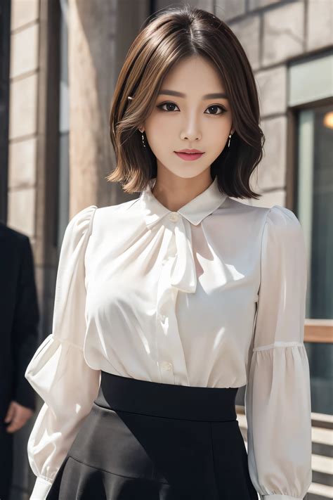 A Woman In A White Blouse And Black Skirt Standing Outside Seaart Ai